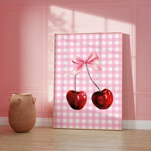 Cherry Print Pink Checkered Wall Art Cherries Printable Wall Art Pink ...