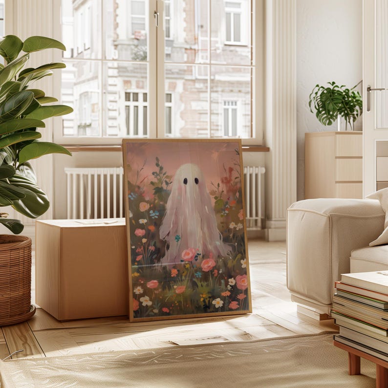 Spooky Pink Wildflower Wall Art Floral Ghost Print Pink Halloween Decor ...