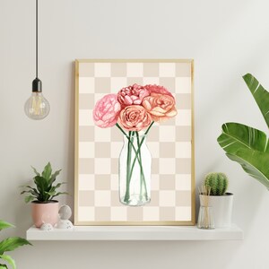 Bouquet of Flowers Print, Checkered Wall Art, Green Floral Art, Girls ...