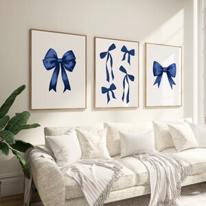 Navy Blue Bow Print, Set of 3, Coquette Room Decor, Blue Bow Print ...