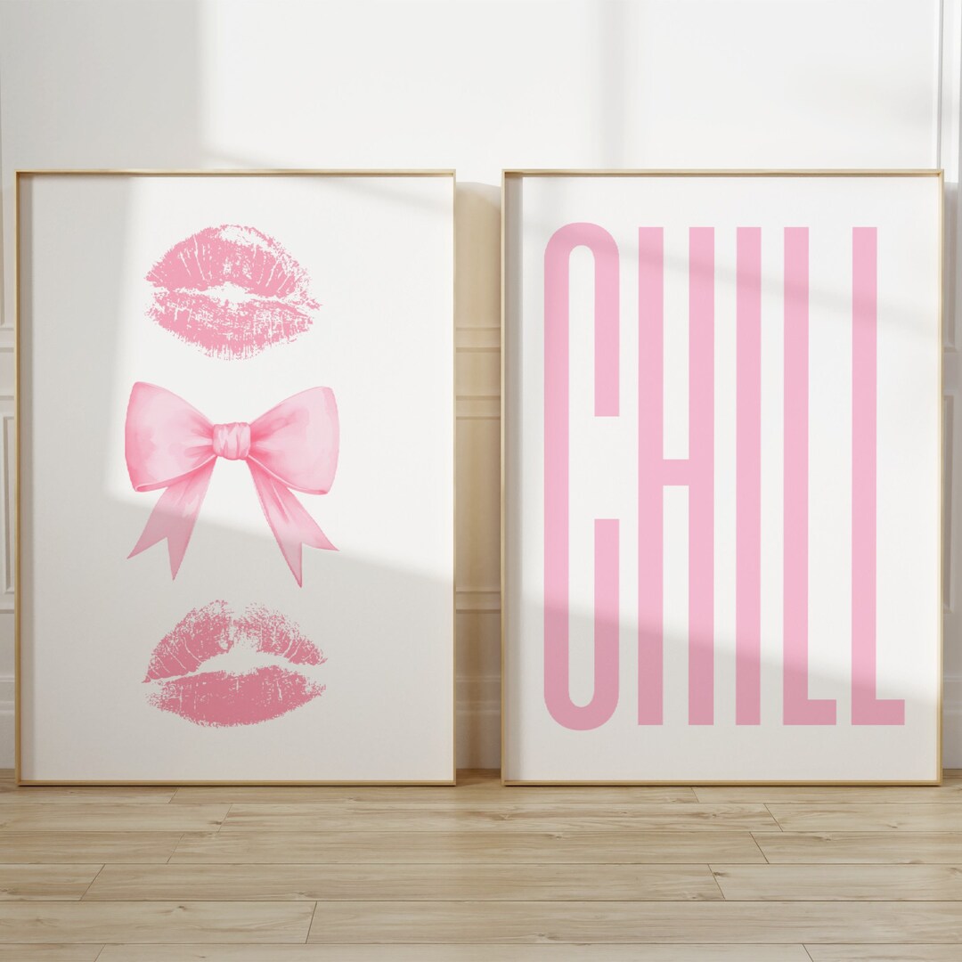 Pink Bow Print, Coquette Room Decor, Kiss Poster, Pink Lips Wall Art ...