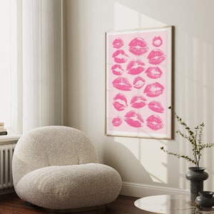 Kiss Lips Wall Art, Pink Lips Print, Trendy Digital Prints, Preppy Dorm ...