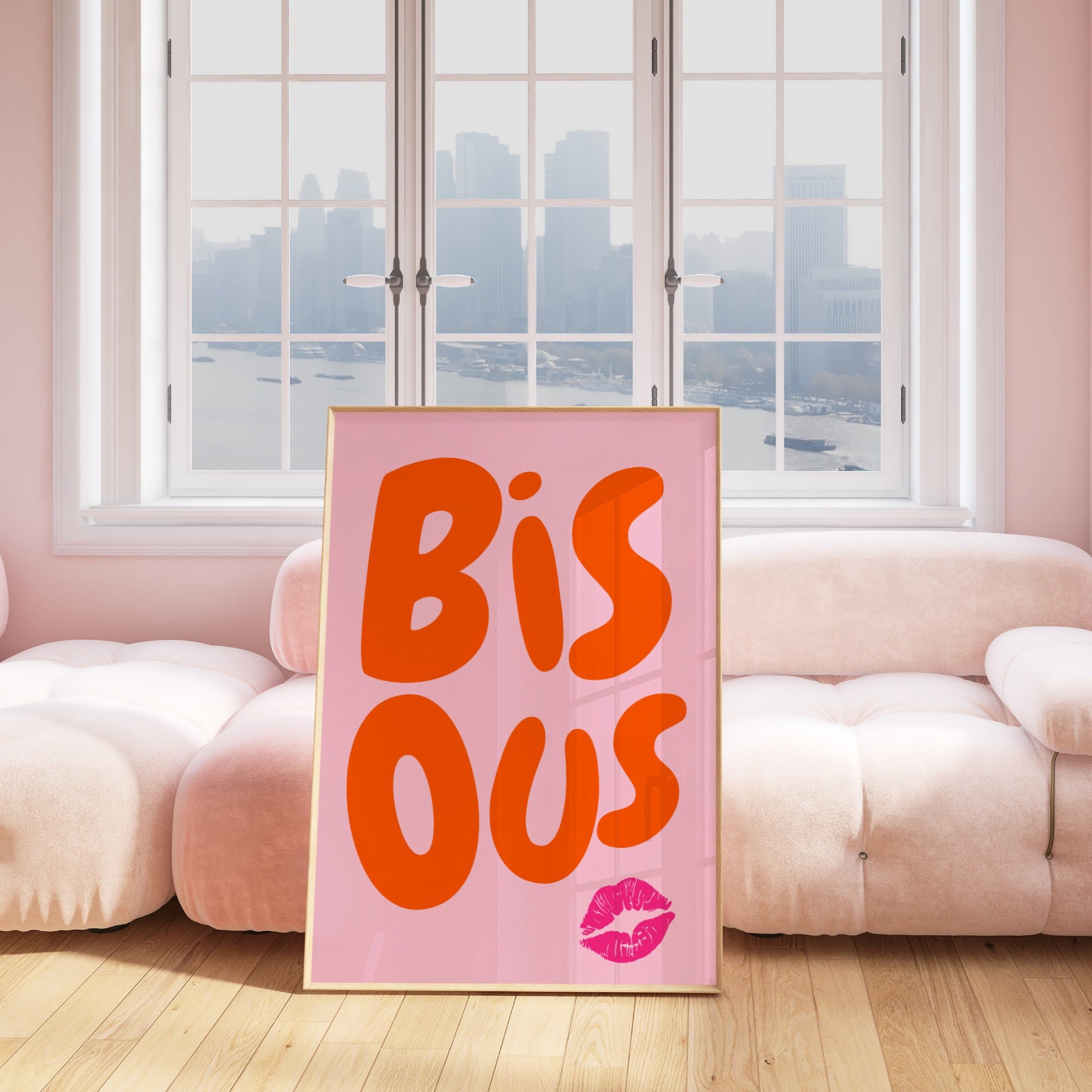 Bisous Print, French Quote Poster, Pink Orange Wall Art, Feminine Wall ...