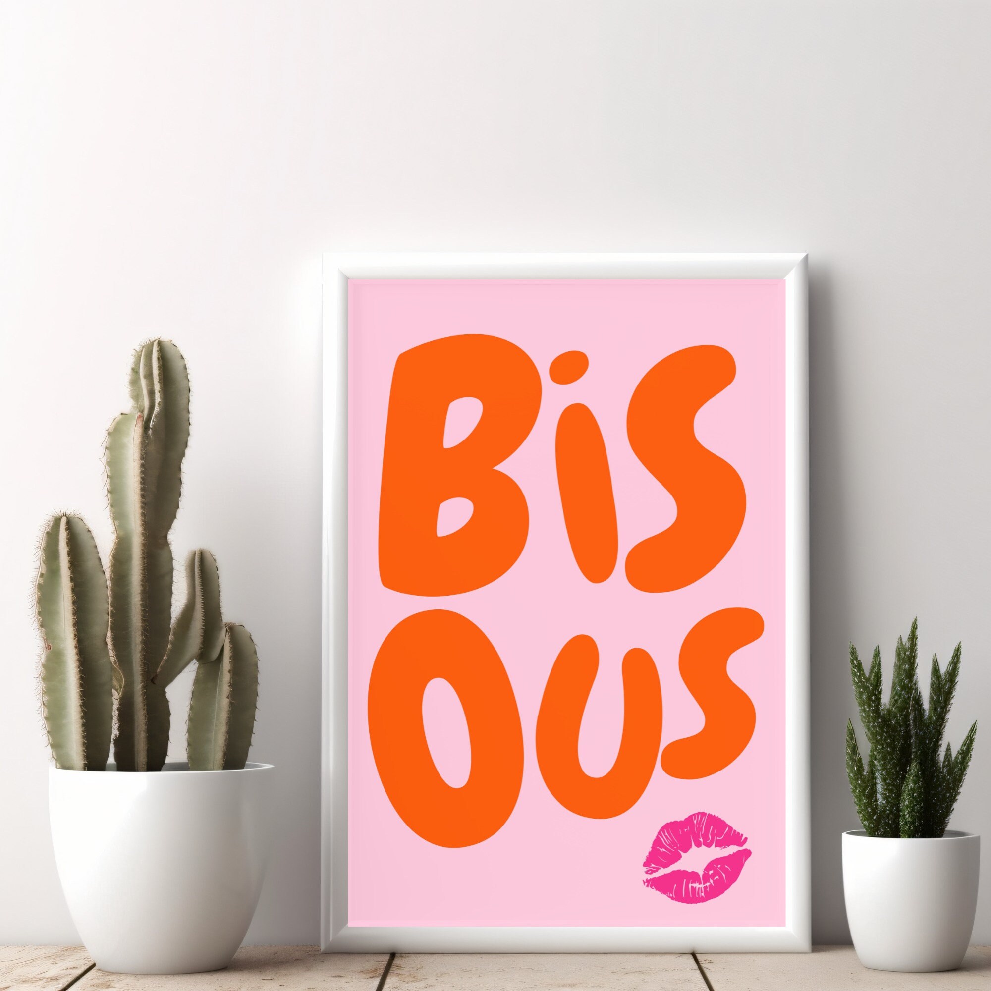 Bisous Print, French Quote Poster, Pink Orange Wall Art, Feminine Wall ...