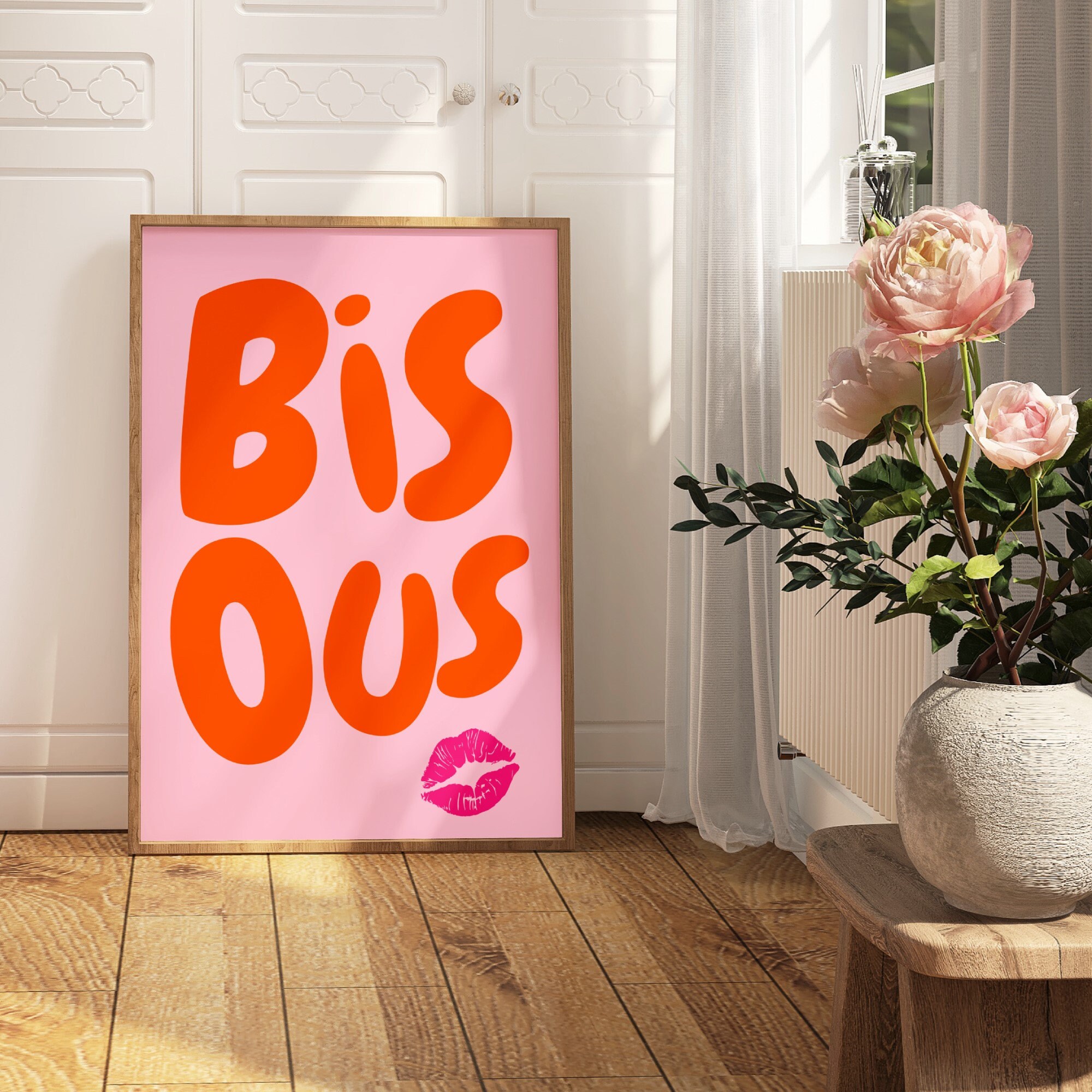 Bisous Print, French Quote Poster, Pink Orange Wall Art, Feminine Wall ...