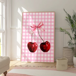 Cherry Print Pink Checkered Wall Art Cherries Printable Wall Art Pink ...