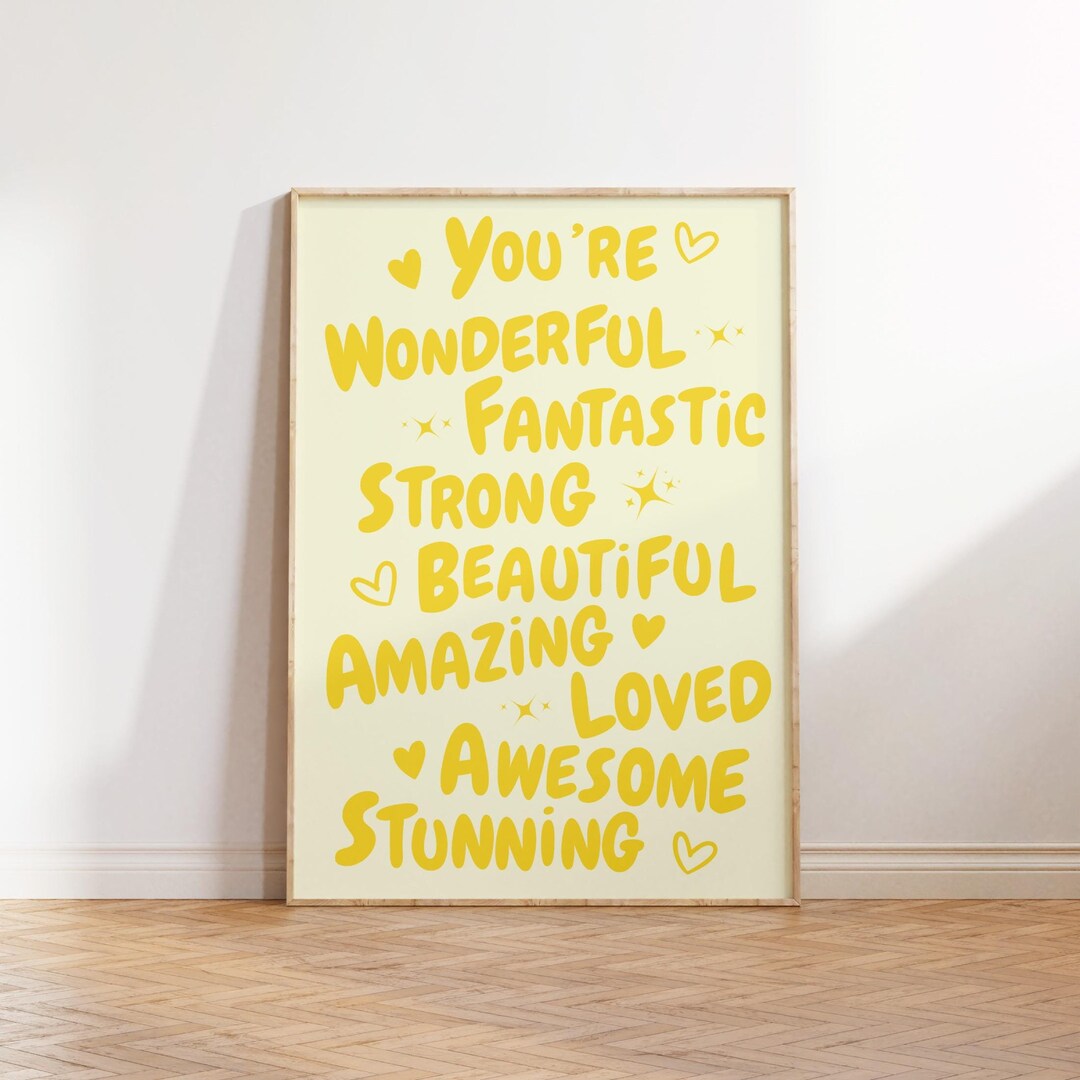 You Are Amazing Poster Yellow Affirmation Quote Print 70s Pink Wall Art ...