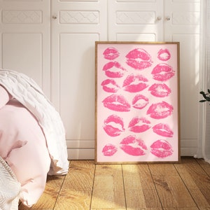 Kiss Lips Wall Art, Pink Lips Print, Trendy Digital Prints, Preppy Dorm ...