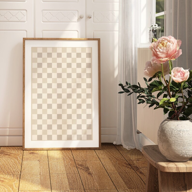 Checkered Wall Art, Beige Checker Art Print, Beige Printable Wall Art ...
