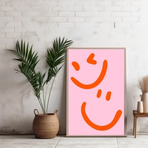 Pink Smiley Face Poster, Pink Orange Preppy Prints, Fun Smileys Wall ...