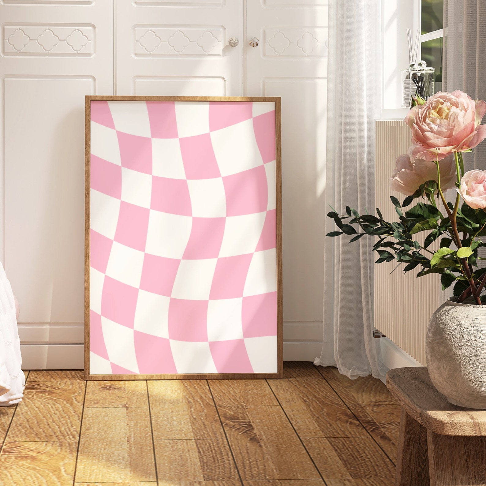 Checkered Wall Art, Pink Checker Art Print, Blush Pink Printable Wall ...