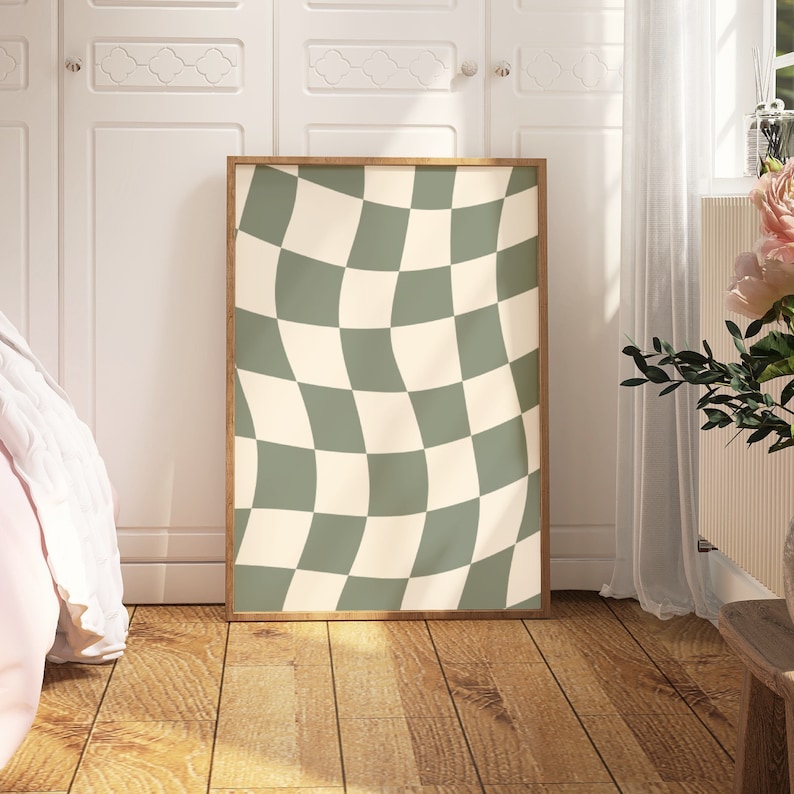 Checkered Wall Art, Sage Green Checker Art Print, Beige Printable Wall ...