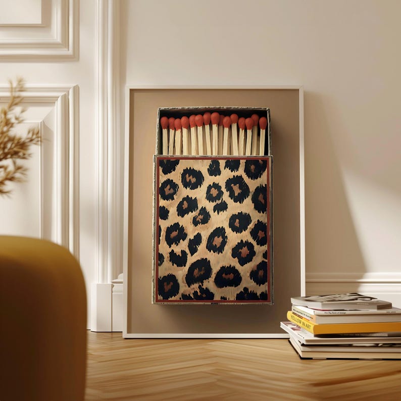 Retro Leopard Matchbox Print Trendy Beige Matches Poster Glam Matchbook ...