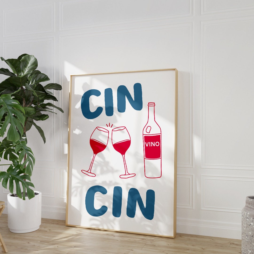 Cin Cin Print, Retro Wine Glass Cheers Poster, Red Kitchen Wall Art ...