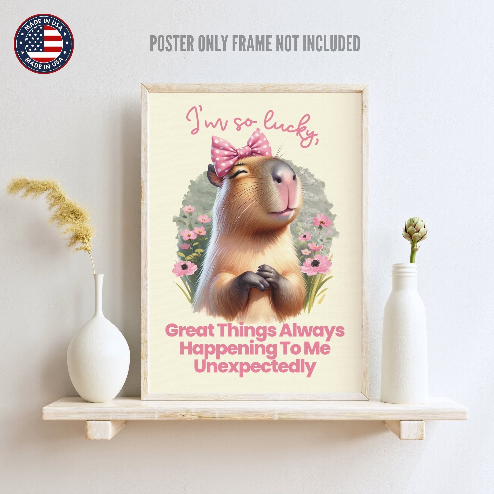 Capybara Wearing Pink Bow Affirmations Poster Gouache Style Painting ...