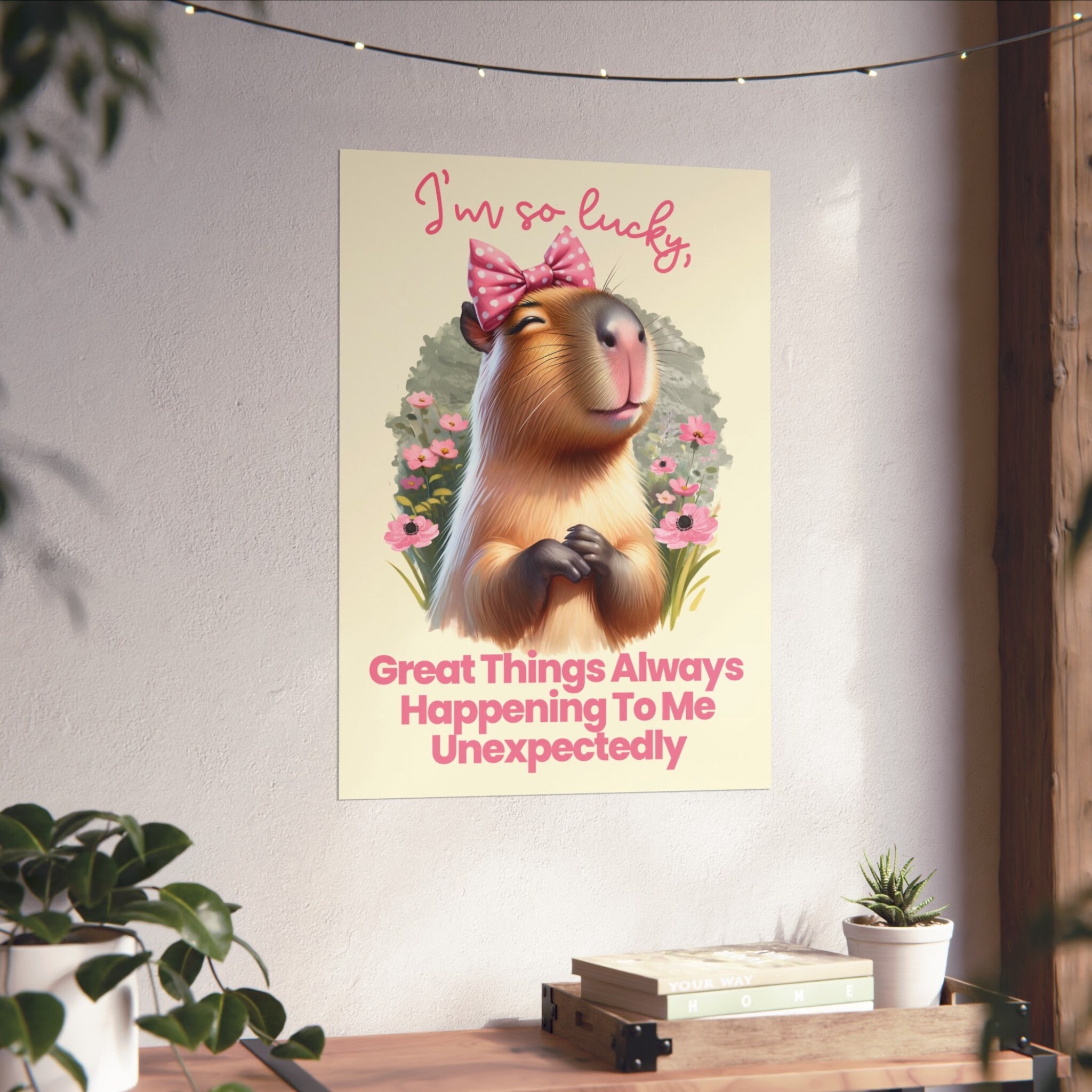 Capybara Wearing Pink Bow Affirmations Poster Gouache Style Painting ...