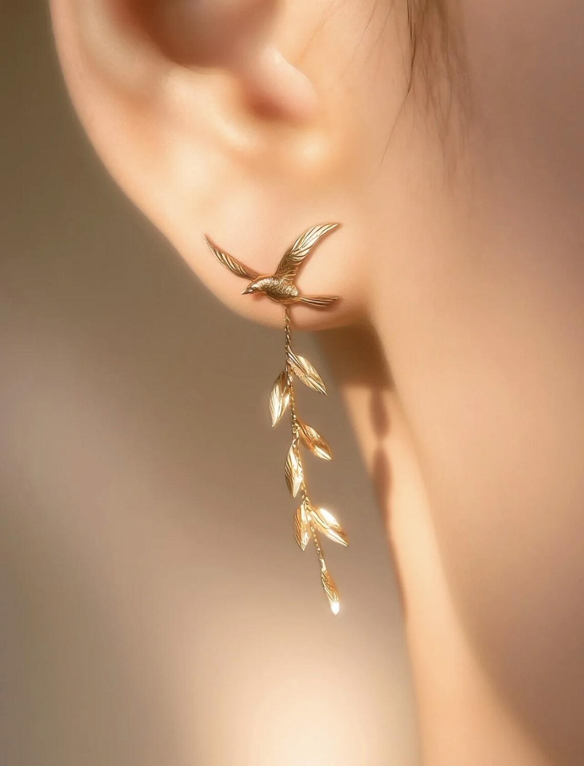 Gold Swallow Bird Earrings • Olive Branch Leaf Dangle • Peace Dove ...