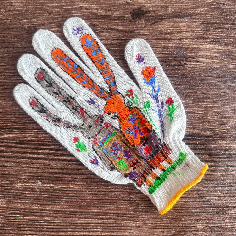 One Pair of Hand-painted Gardening Gloves, Rabbit Motif, Unique Garden ...