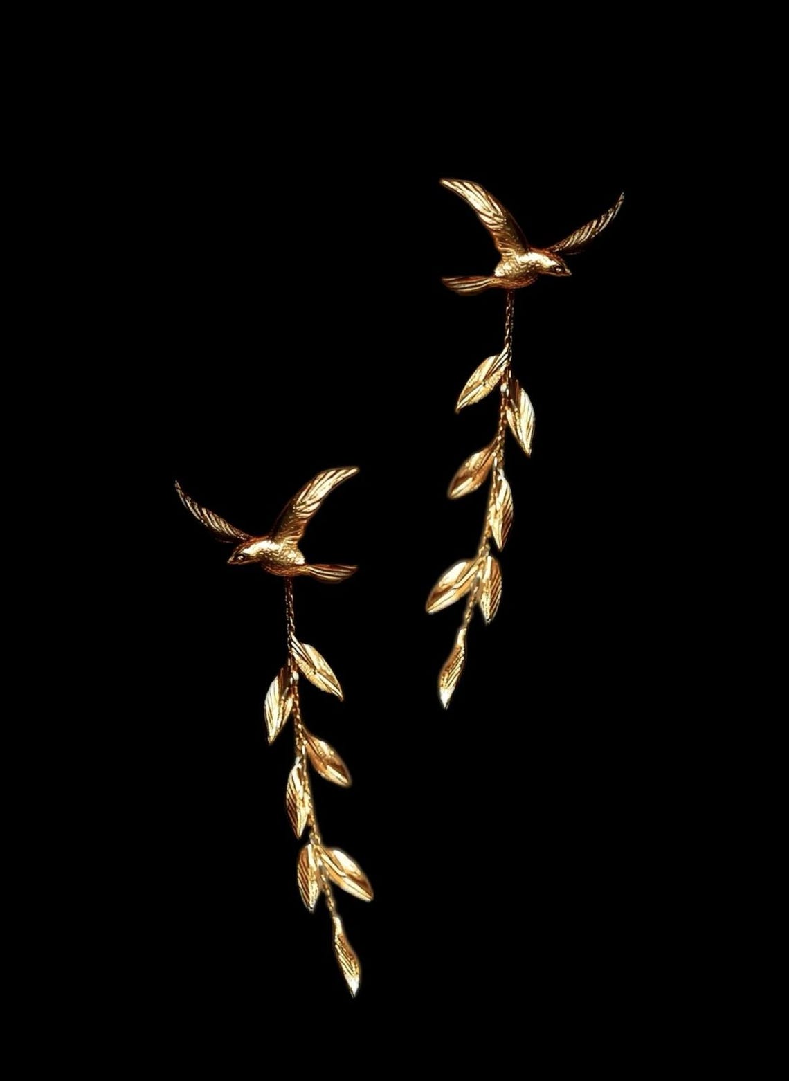 Gold Swallow Bird Earrings • Olive Branch Leaf Dangle • Peace Dove ...