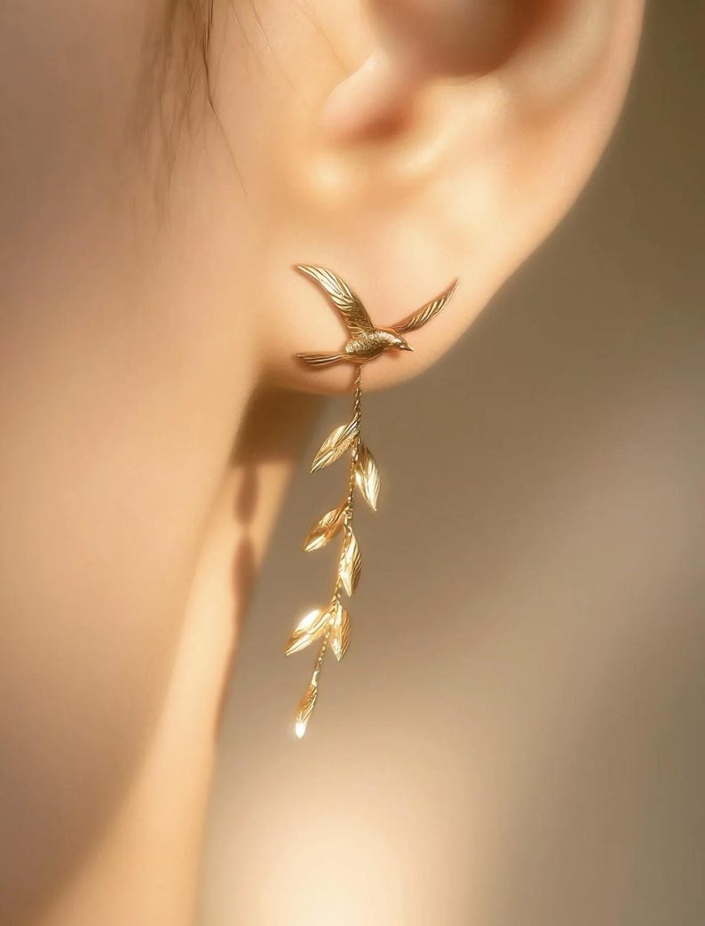 Gold Swallow Bird Earrings • Olive Branch Leaf Dangle • Peace Dove ...