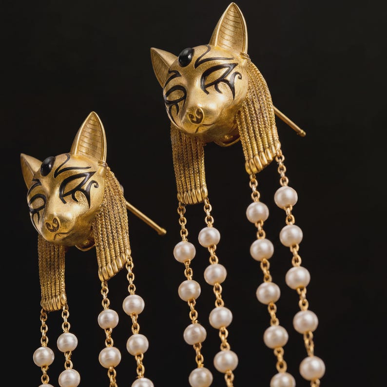 Egyptian Cat Earrings • Bastet Goddess Pearl Tassel • Art Deco Jewelry ...