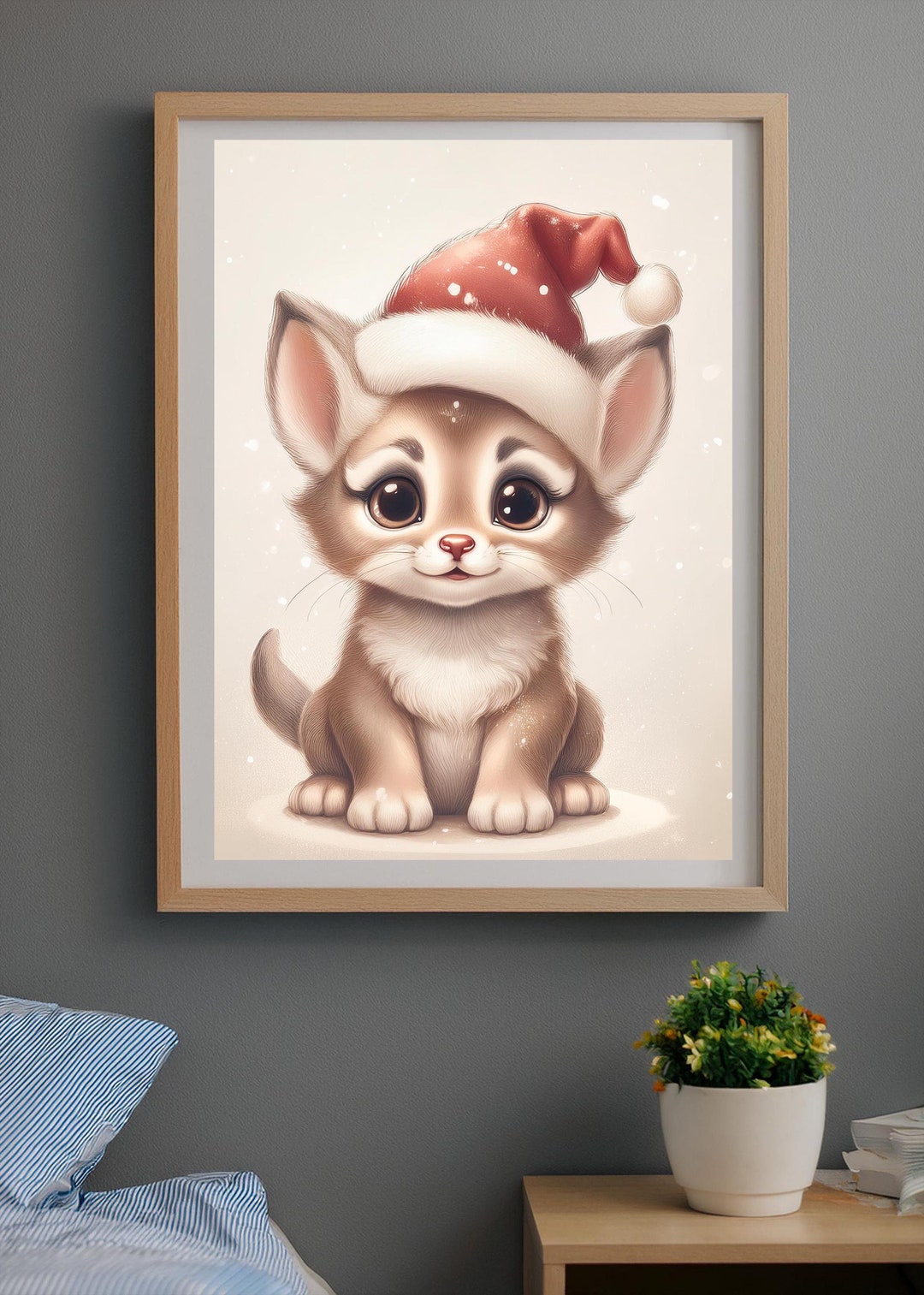 Christmas Baby Cat Poster With Frame Cute Christmas Cat Print, Nursery ...