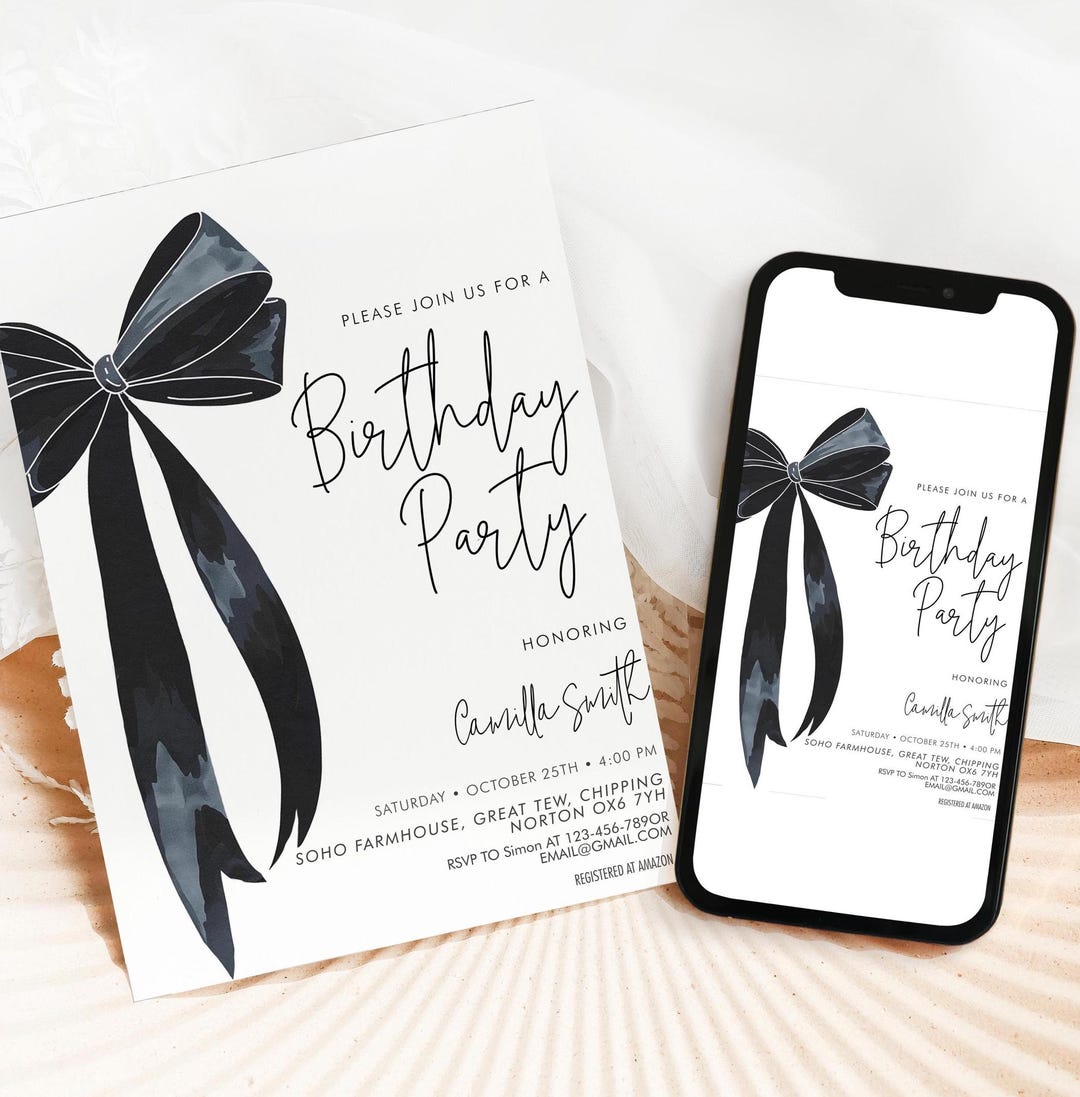 Black Bow Birthday Invitation | Black Bow Coquette Editable Invitation ...