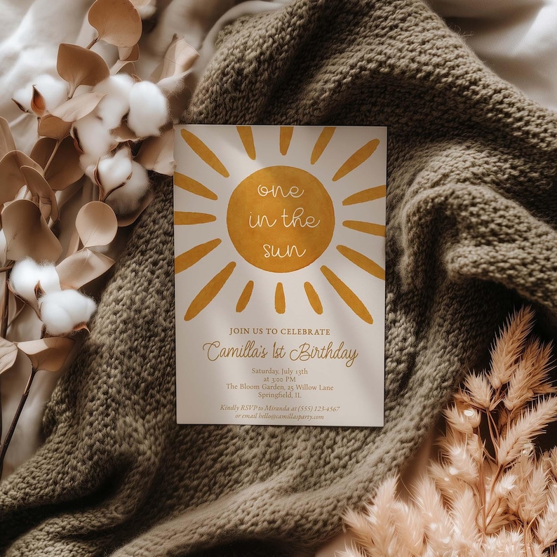 One in the Sun 1st Birthday Invitation | Birthday Editable Template ...