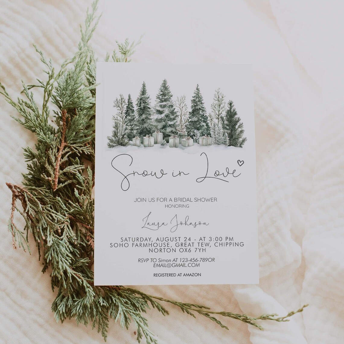 Snow in Love Bridal Shower Invitation: Winter Forest (editable Invite ...