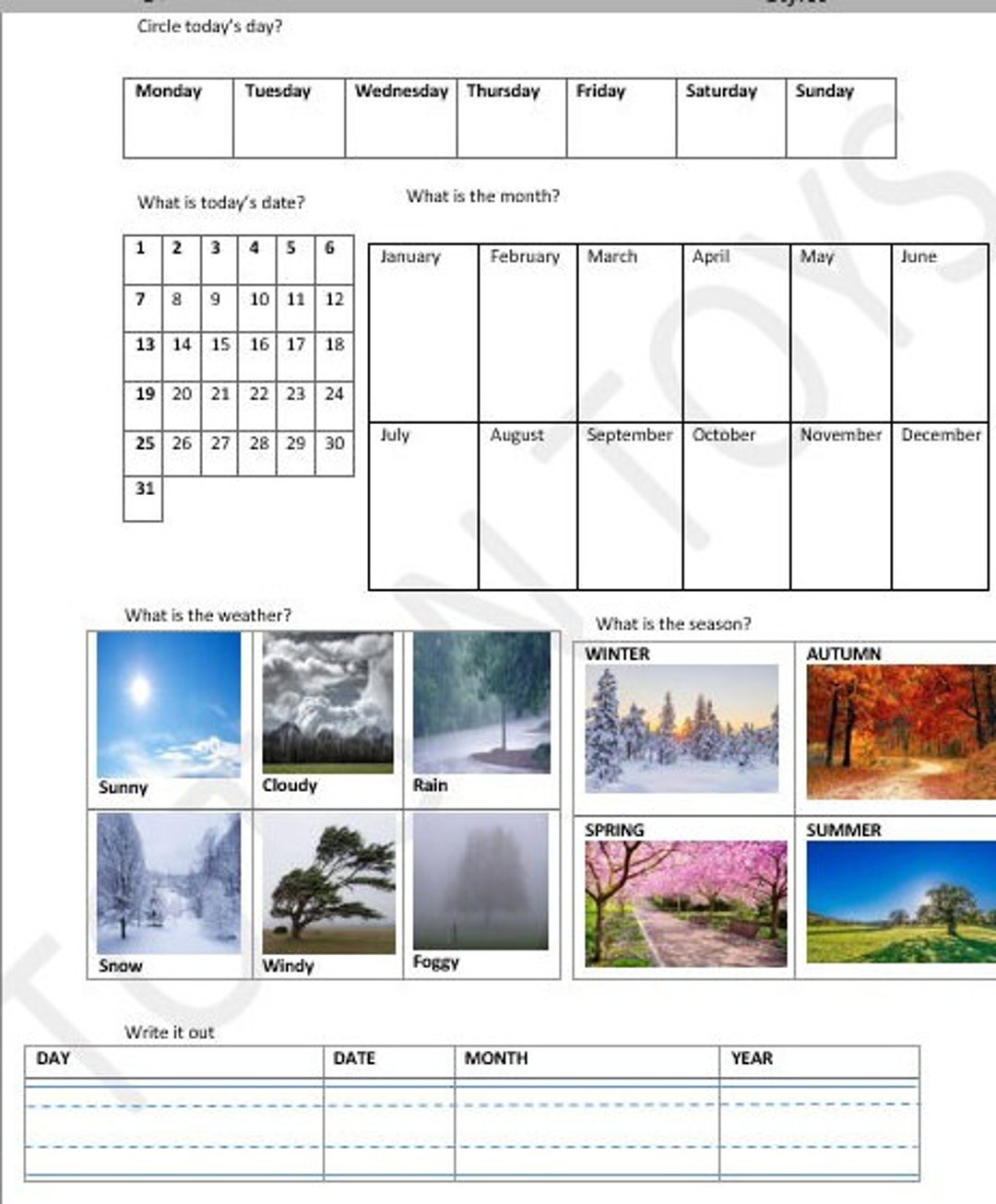 Printable Preschool Calendar Worksheet Page. Month, Day, Date, Weather ...