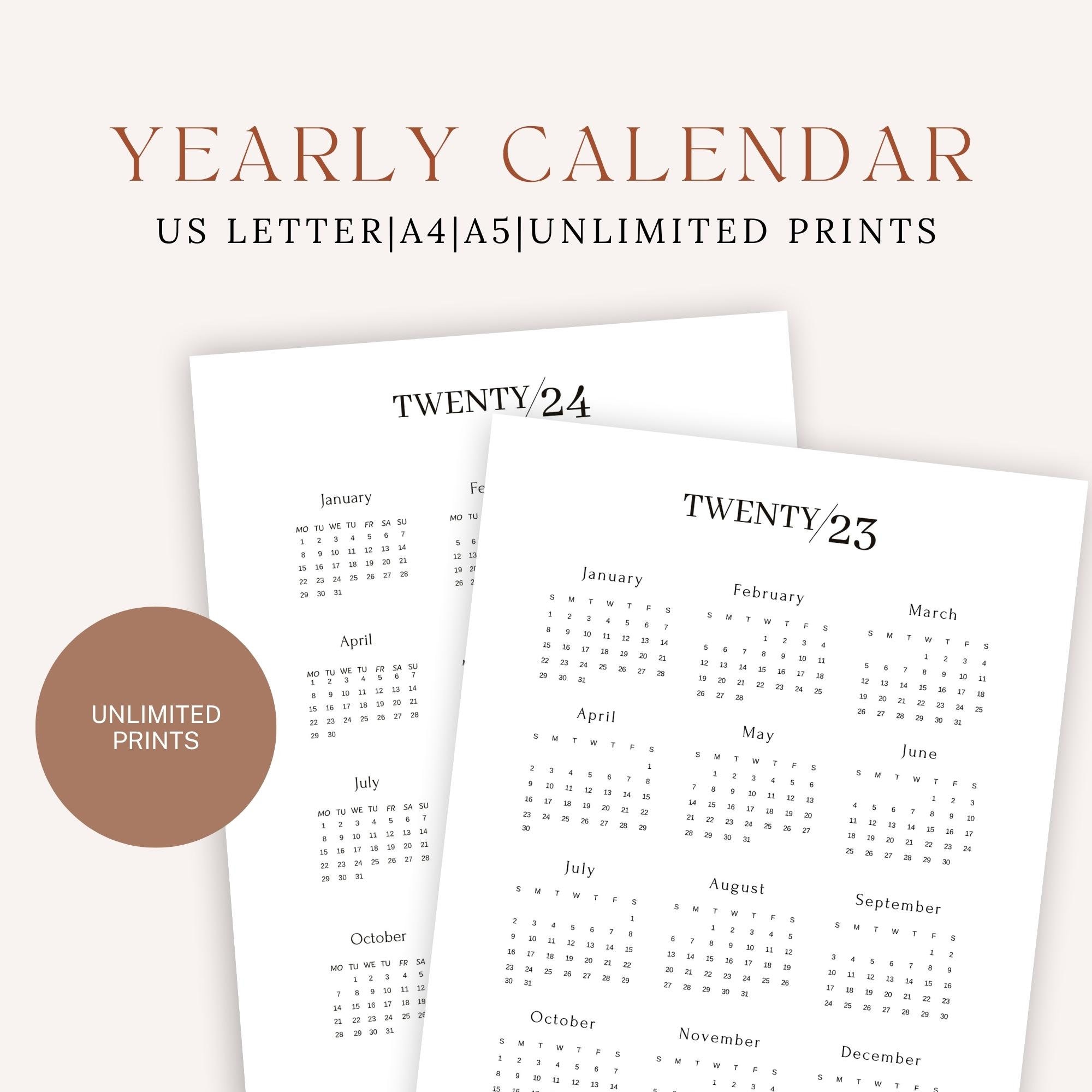 2023/2024 Printable Calendar, 2024 Yearly Calendar, Year at A Glance ...