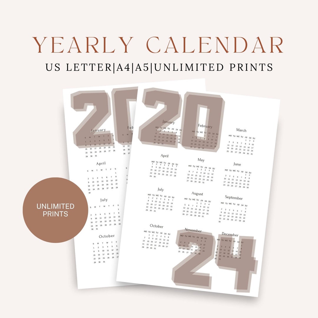 2023/2024 Printable Calendar, 2024 Yearly Calendar, Year at A Glance ...