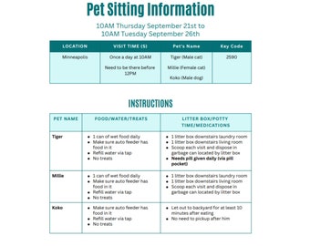 Pet Information Sheet - Canva Template - Pet Sitting (cat) - Etsy UK
