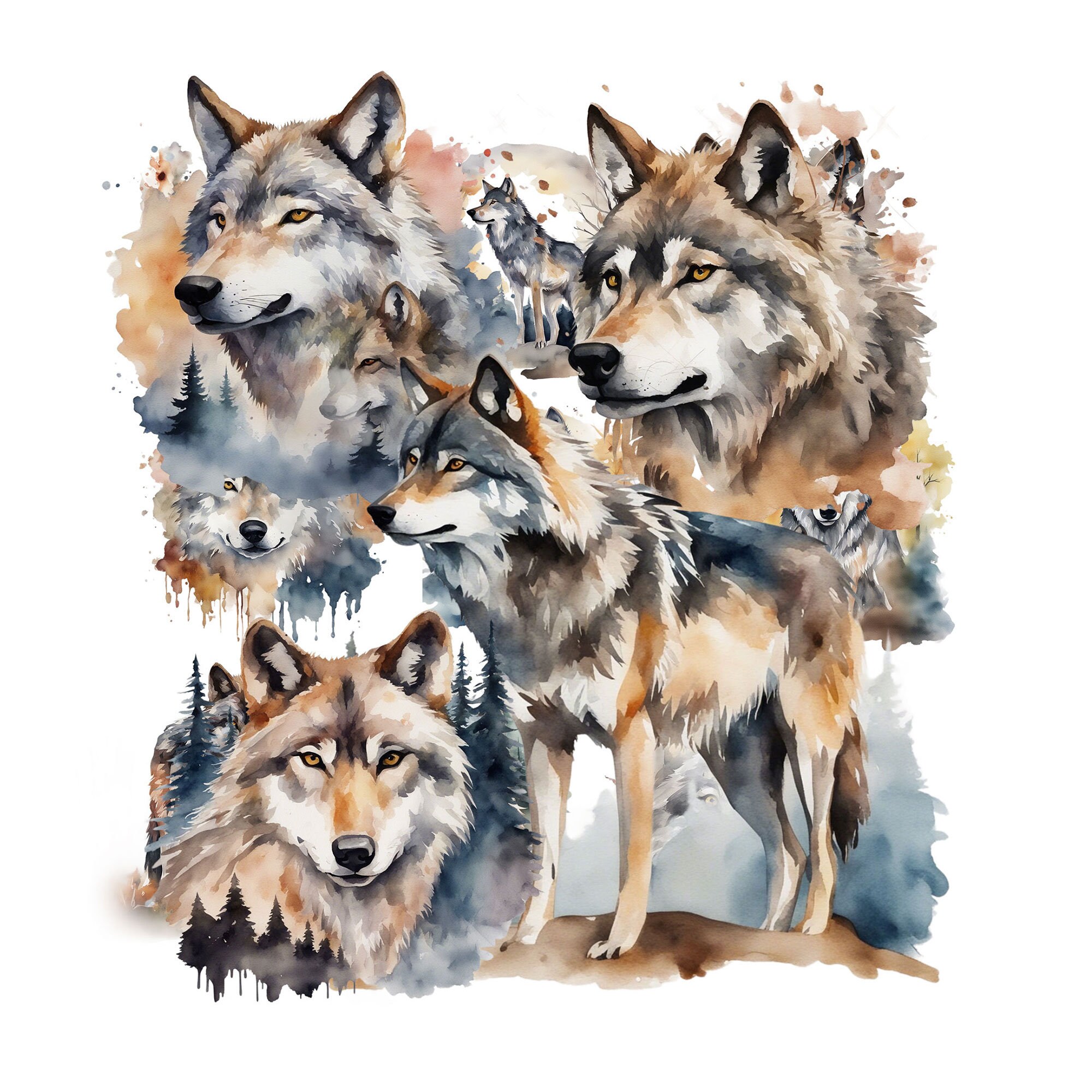 22 Wolves Watercolor Clipart SVG Bundle Watercolor Wolf - Etsy