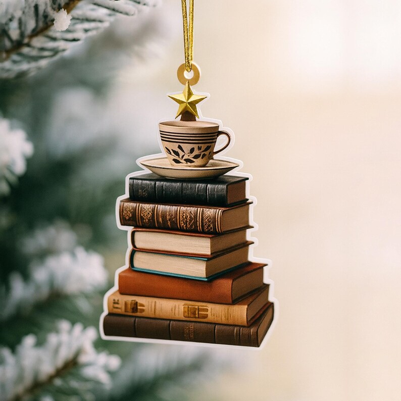 Adorno navideño de libros y café, adorno navideño de libros, adorno de ...