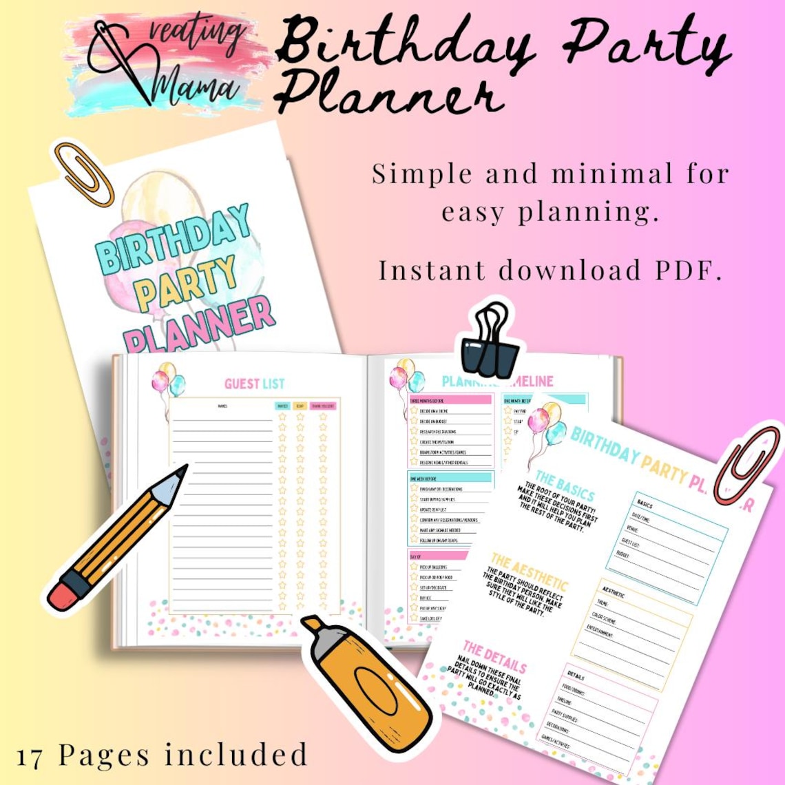 Kids Birthday Party Planner Printable | Minimalist Planner PDF (digital ...