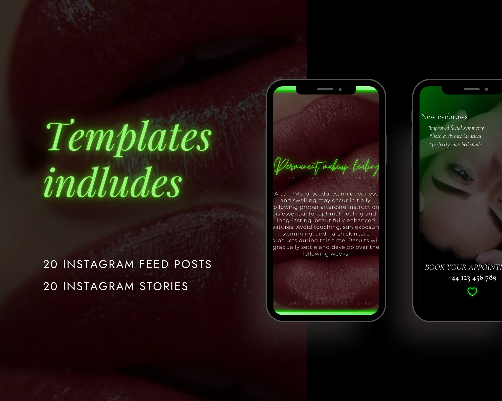 Permanent Instagram Template | PMU Instagram Template | Green Neon ...