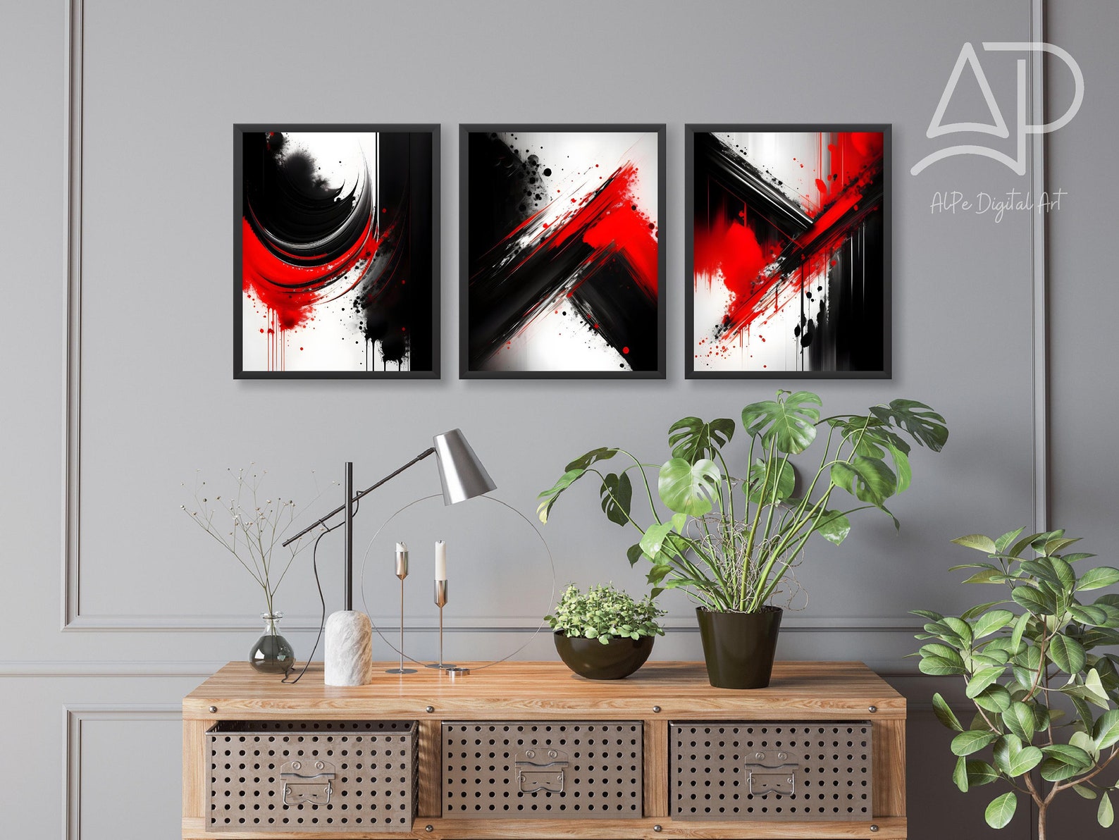 Set of 3 Prints Abstract Art White, Black and Red, Gallery Abstract ...