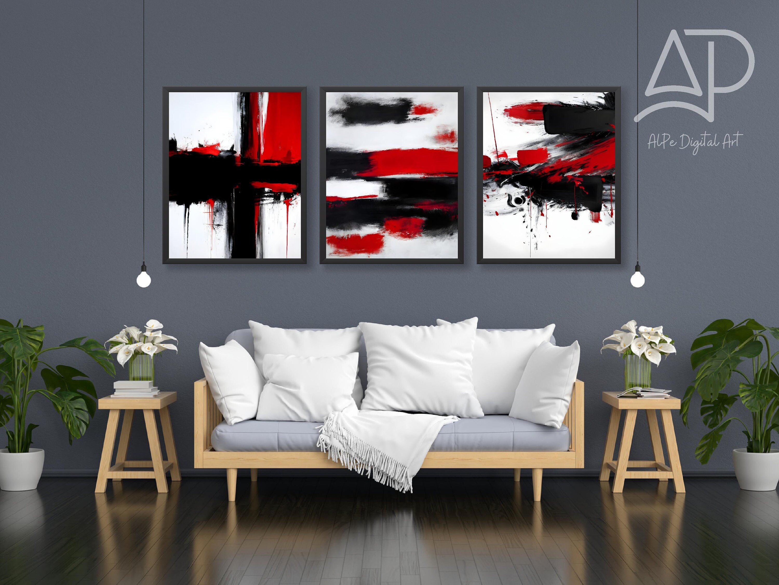 Set of 3 Prints Abstract Art White,black and Red Shapes,gallery ...