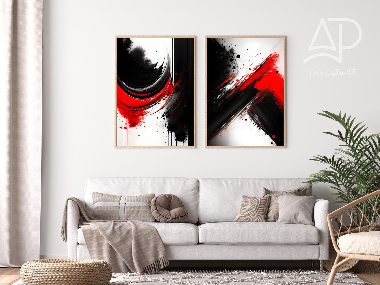 Set of 3 Prints Abstract Art White, Black and Red, Gallery Abstract ...