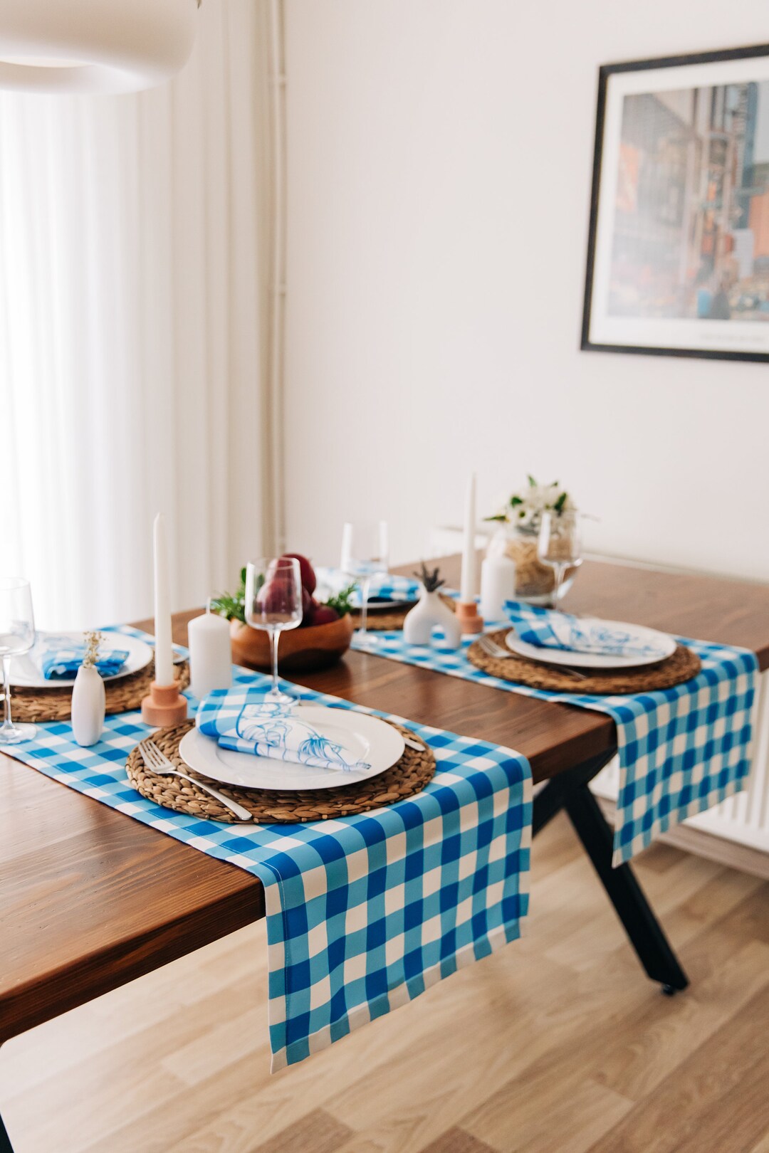 Checkered Table Runner, Blue and White, Country Design, Bohem, High Quality Textile and Print - Etsy