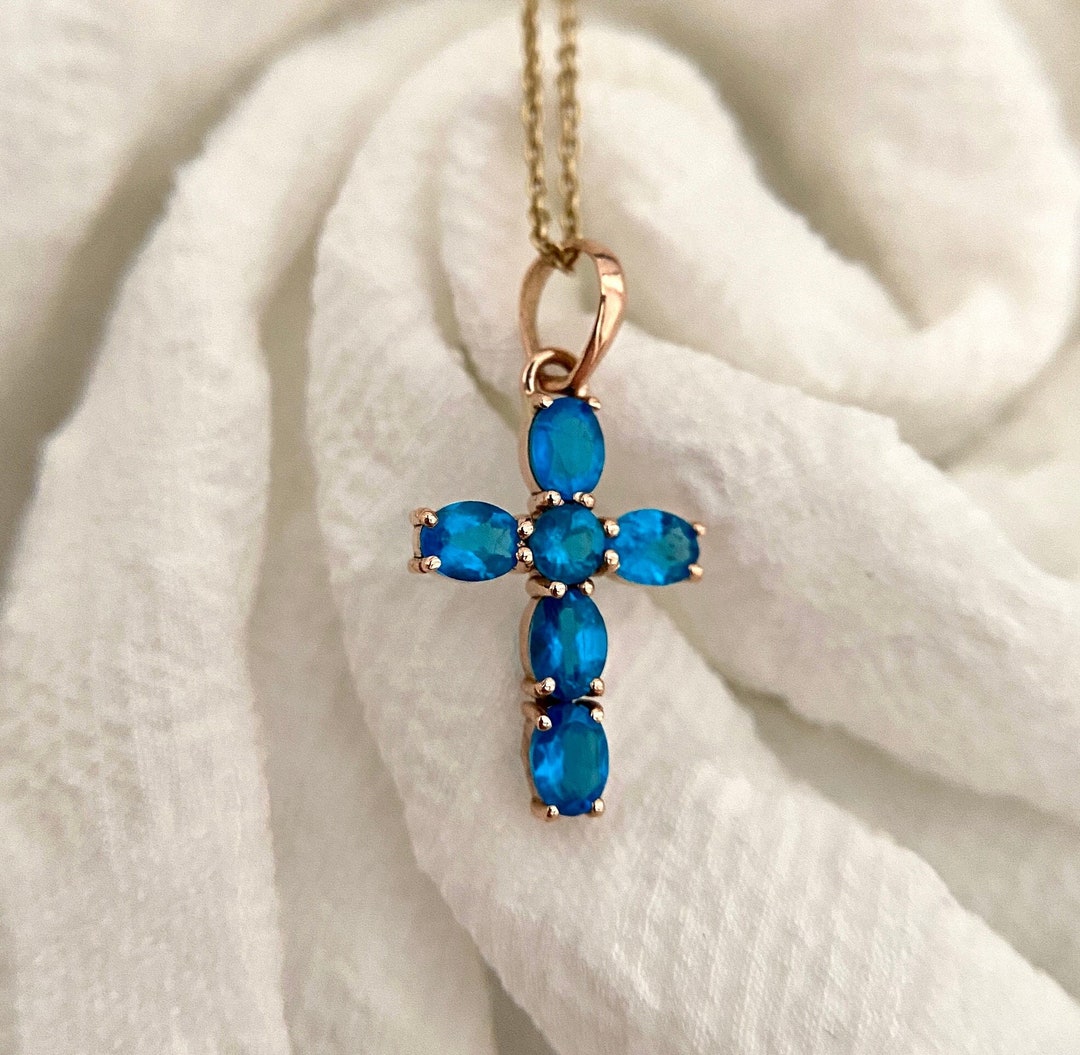 11x21mm 14K Solid Gold Natural Neon Apatite Cross Pendant, Handmade ...