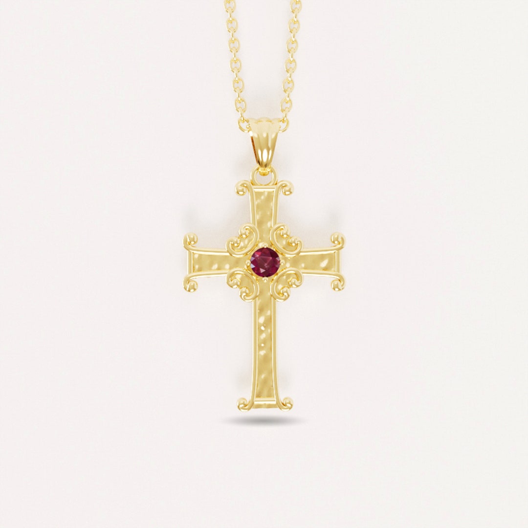 16.5x30mm 14K Solid Yellow Gold Ruby Cross Pendant, Handmade Holy Cross ...