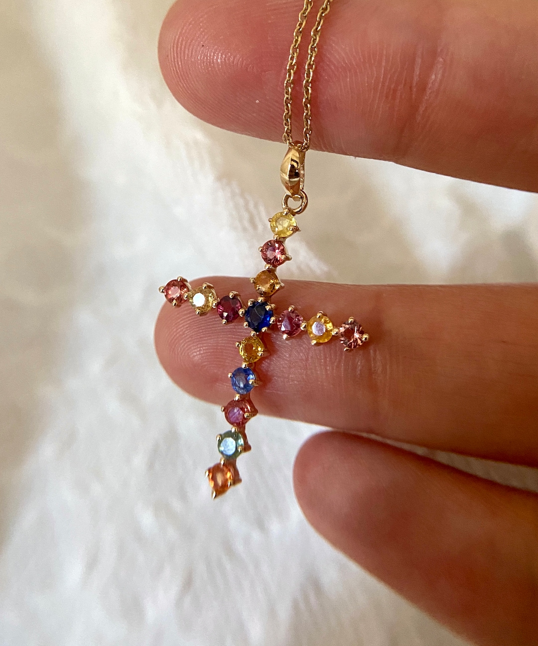 14K Solid Gold Sapphire Cross Pendant: Multicolour Gemstone Holy ...
