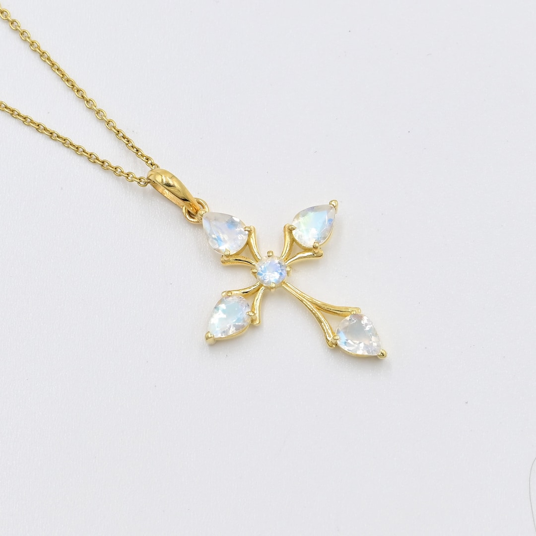 14K Solid Gold Rainbow Moonstone Cross Pendant: Handmade Holy Jewelry ...