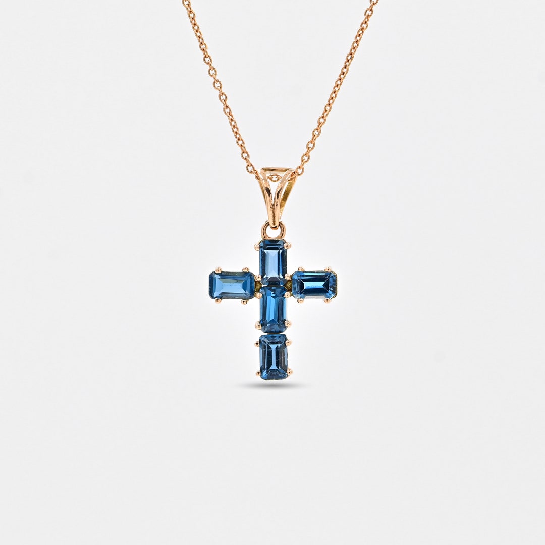 14K Solid Gold London Blue Topaz Cross Pendant - Handmade - Etsy