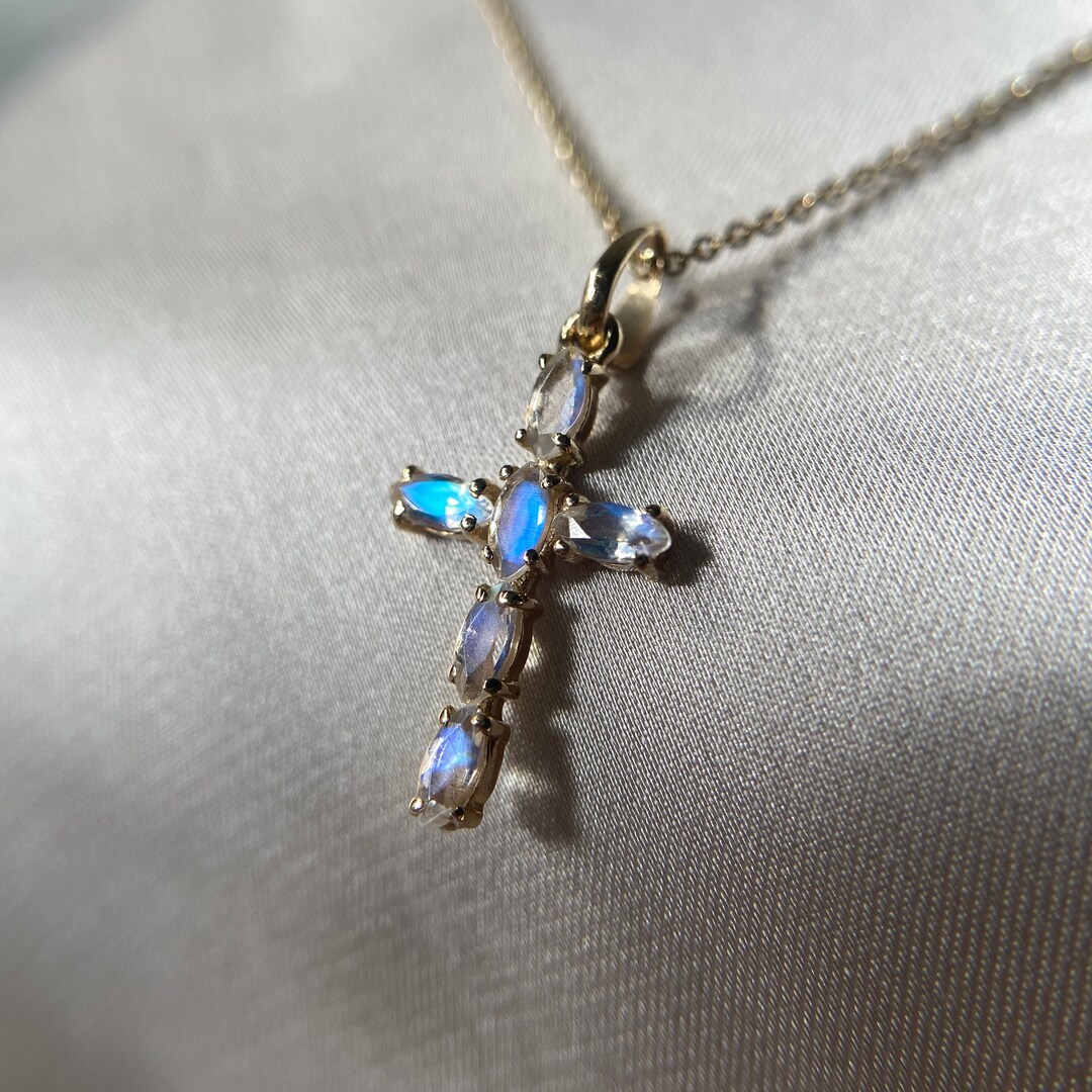 10.5x21mm 14K Solid Yellow Gold Rainbow Moonstone Cross Pendant ...