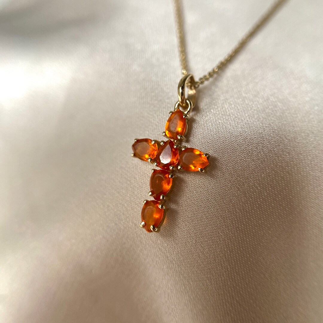 11x19mm 14K Solid Yellow Gold Mexican Fire Opal Cross Pendant, Handmade ...