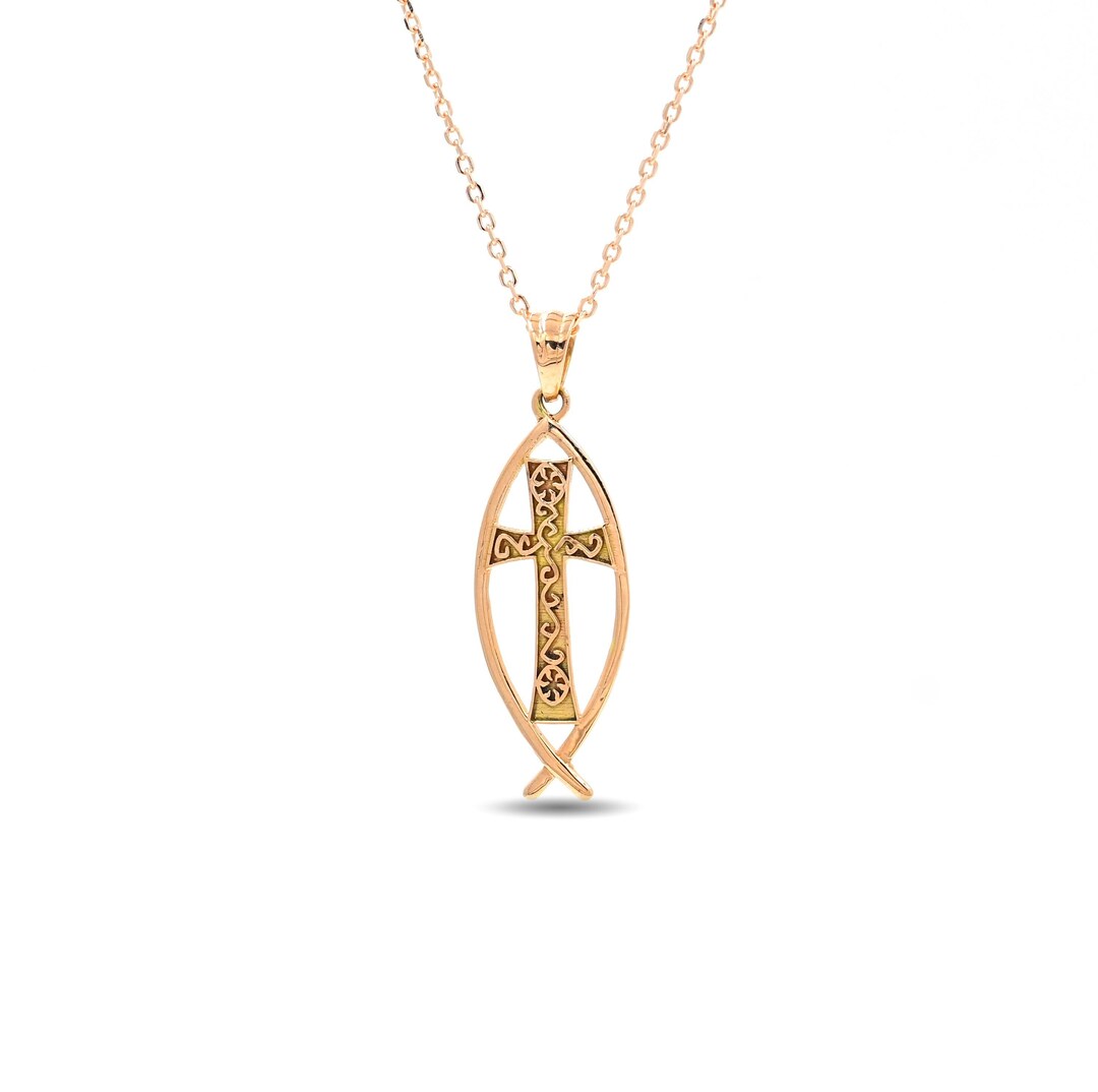 14K Solid Gold Jesus Fish Cross Pendant: Handmade Ichthys Pendant - Etsy