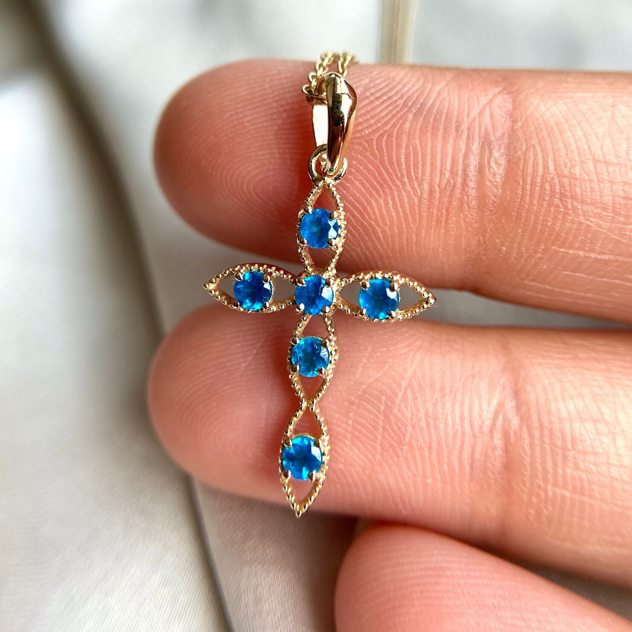 14k Solid Gold Neon Apatite Cross Pendant Holy Cross Gold - Etsy